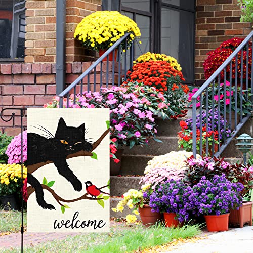 Welcome Spring Garden Flag 12x18 Double Sided, Burlap Small Black Cat Garden Yard Flags for Seasonal Outside Outdoor House Decoration (Only Flag)