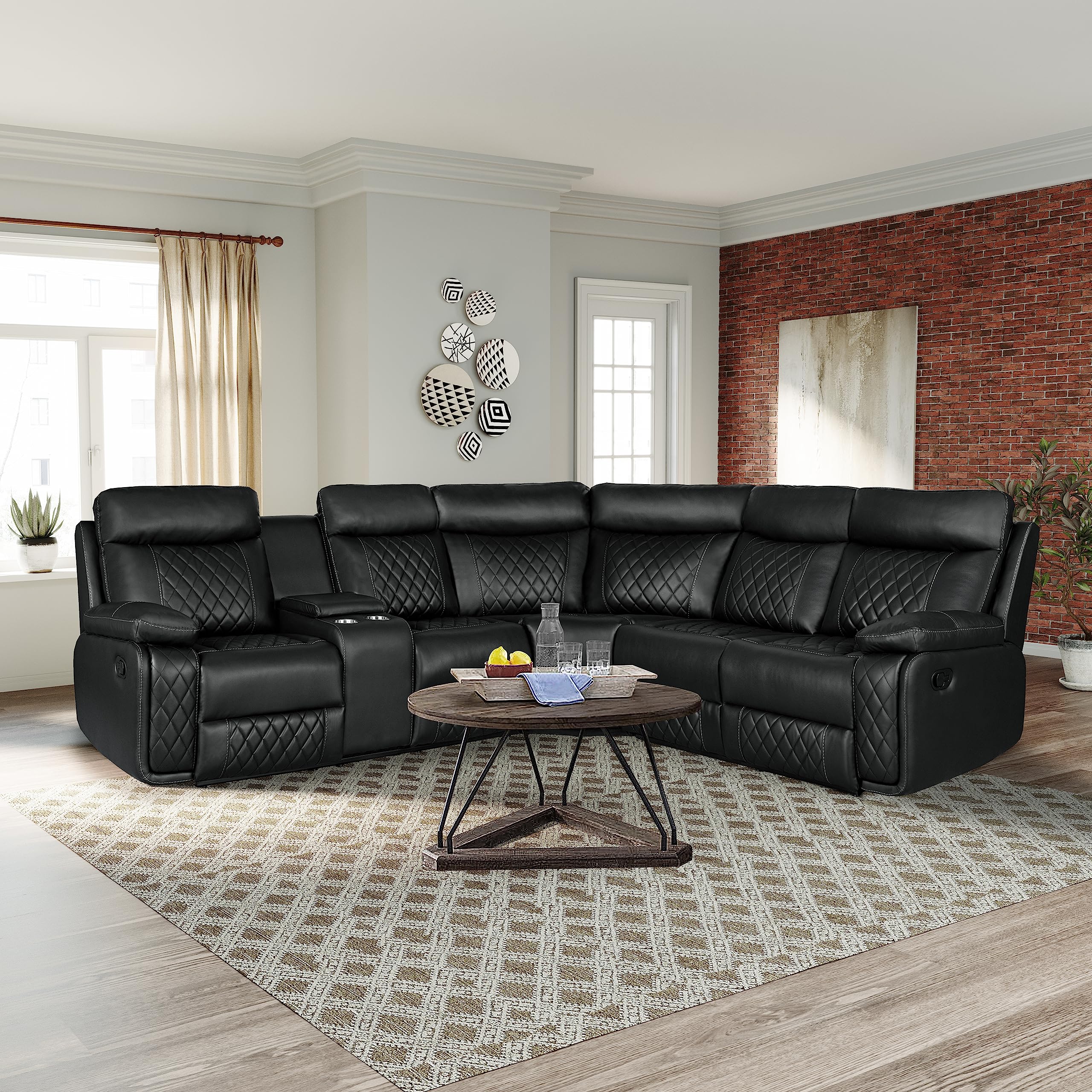Modern Manual Reclining Motion Sectional Sofa ,5 Seaters Corner PU Leather Upholstered Recliner Sofa & Couch Curved L-Shaped Couch W/ Console Storage and 2 Cup Holders for Living Room Furniture Sets