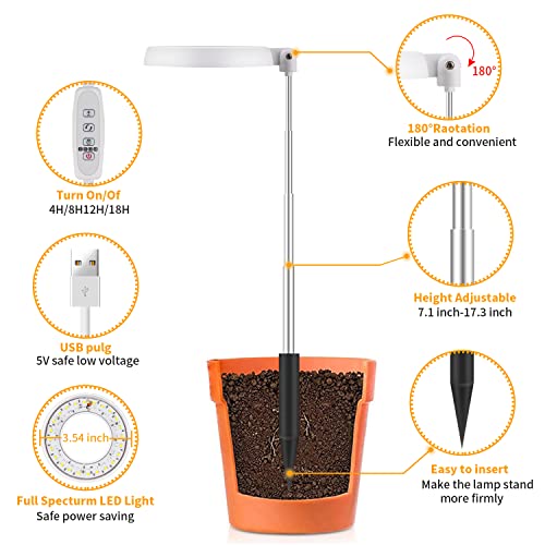 GooingTop LED Grow Light, Halo Plant Lamp for Indoor Plants Growing, White Circle Low Light for Bonsai Succulents Mini Small Plants,Upgrade Timer 4/8/12/18 Hrs (with USB Plug)