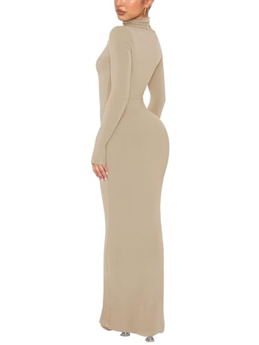 REORIA Women's Sexy Casual Mock Turtleneck Long Sleeve Elegant Long Dress Fall Wedding Guest Tight Ribbed Lounge Bodycon Maxi Dresses Khaki Medium