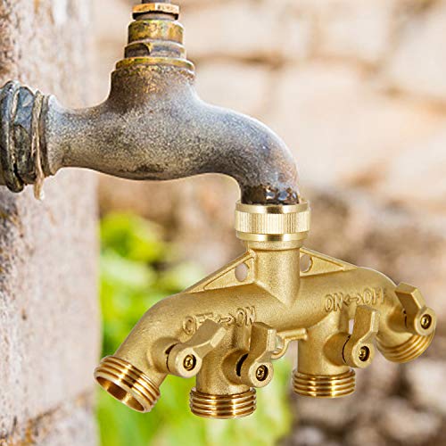 Triumpeek 4 Way Brass Hose Splitter, Heavy Duty 4-Way Garden Hose Connector 3/4 Inch, Solid 4 Way Hose Adapter