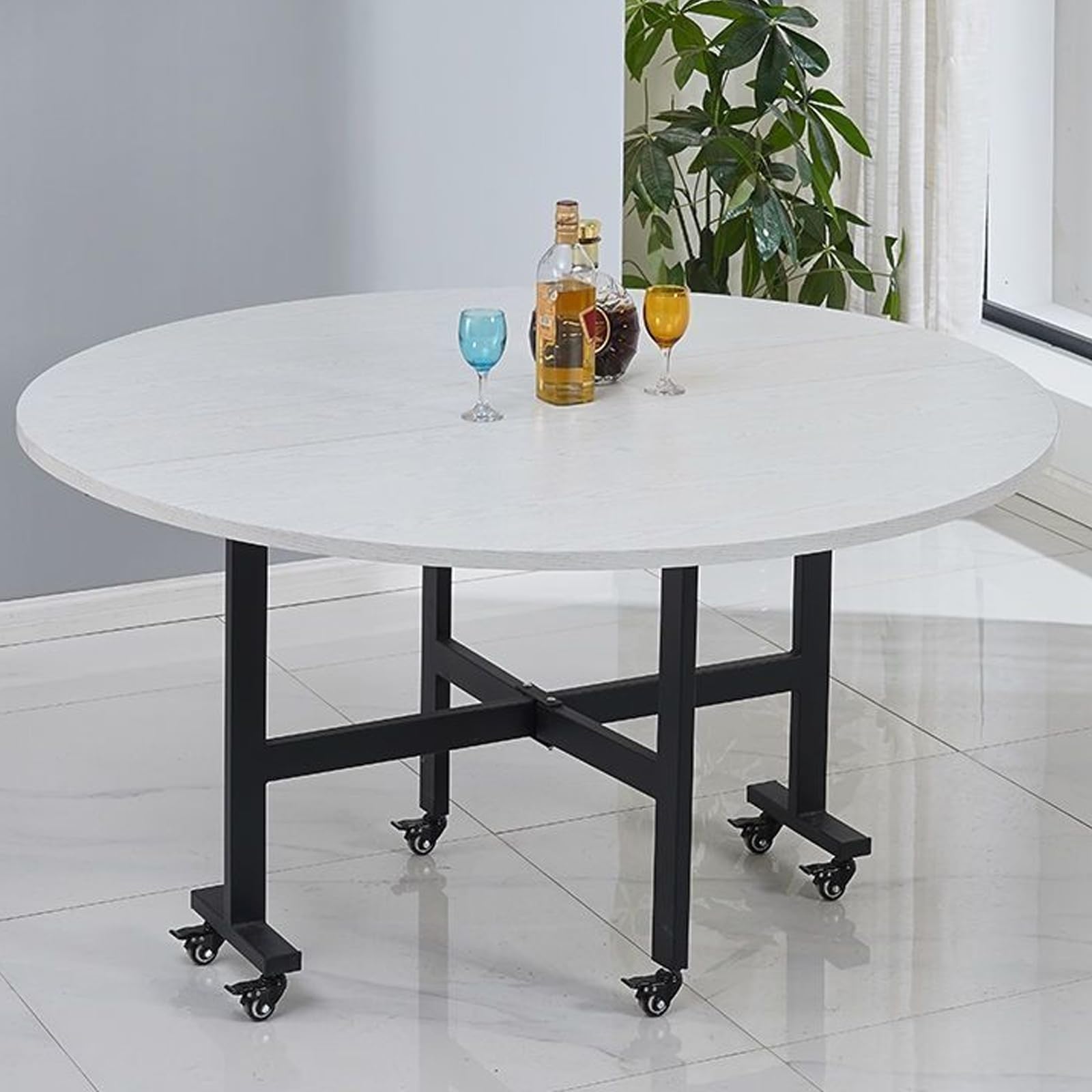 Mobile Folding Dining Table, Round Drop-Leaf Folding Dining Table, Versatile Dinner Table with 6 Wheels, Sturdy Metal Frame, for Small Space Dining Room Kitchen (Color : G, Size : 100cm/39.3in)