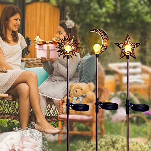 Tryme Solar Lights Outdoor Garden Decorations Sun Moon Star Stake Light Decorative Waterproof Warm White LED Yard Decor for Pathway Lawn Patio Courtyard Backyard