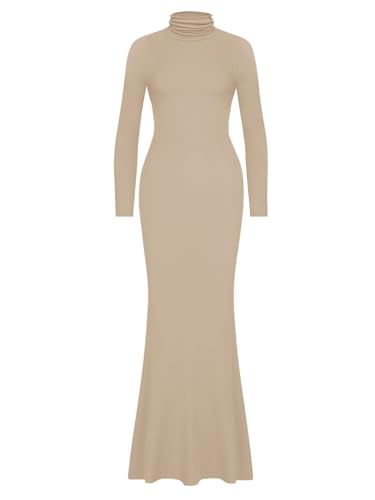 REORIA Women's Sexy Casual Mock Turtleneck Long Sleeve Elegant Long Dress Fall Wedding Guest Tight Ribbed Lounge Bodycon Maxi Dresses Khaki Medium