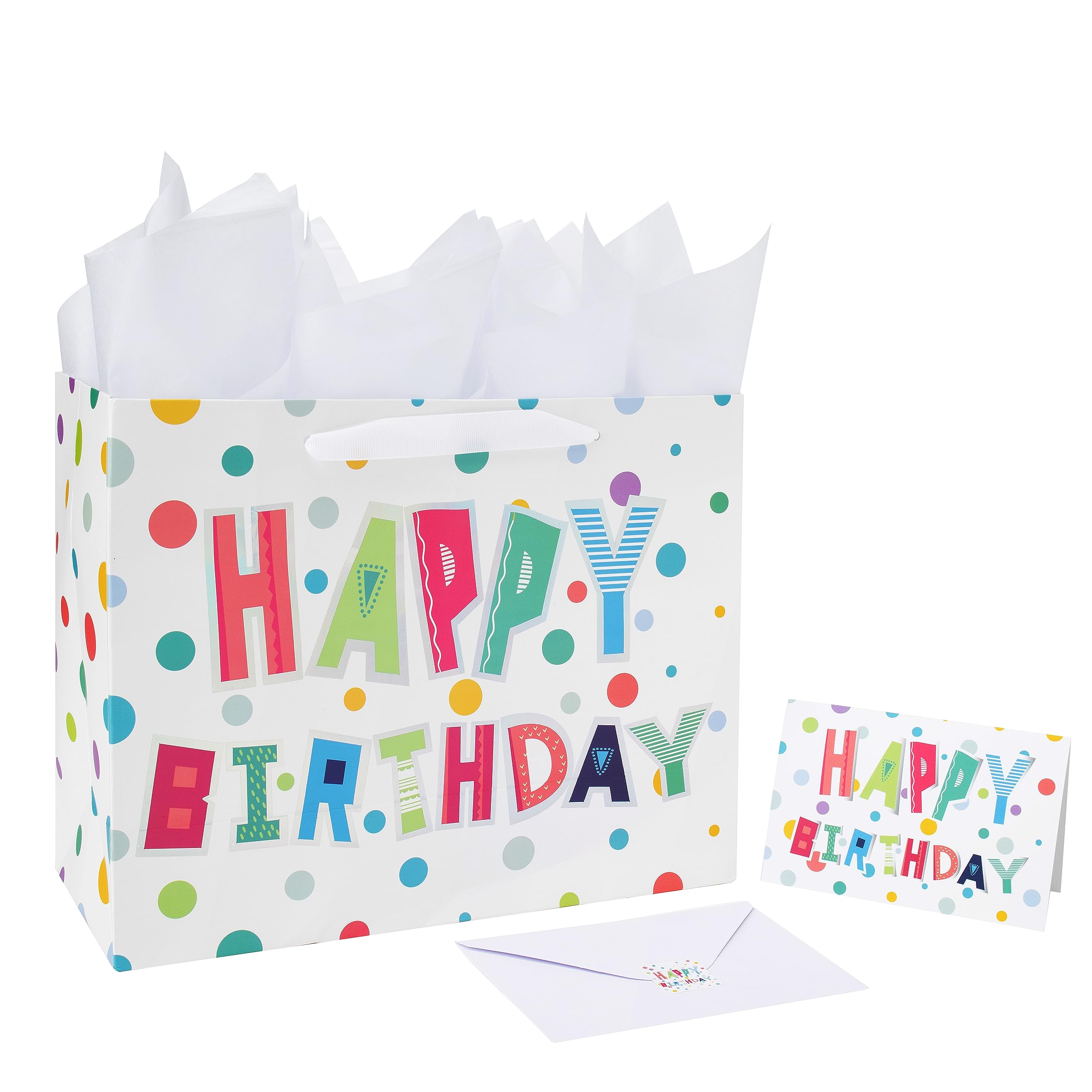 13" Large Colorful Gift Bag Set with Greeting Card and Tissue Paper (Foil Laser Border Happy Birthday) for Women's, Men's, Girls, Boys, Baby Shower