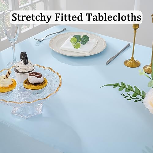 Htper Spandex Baby Blue Table Clothes for 8 Foot Rectangle Tables, Wrinkle Free Table Cloth 8ft Stretchy Tablecloths with Skirt for Parties Weddings Birthday Banquet Baby Shower, 1 Pack