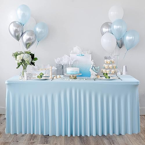 Htper Spandex Baby Blue Table Clothes for 8 Foot Rectangle Tables, Wrinkle Free Table Cloth 8ft Stretchy Tablecloths with Skirt for Parties Weddings Birthday Banquet Baby Shower, 1 Pack