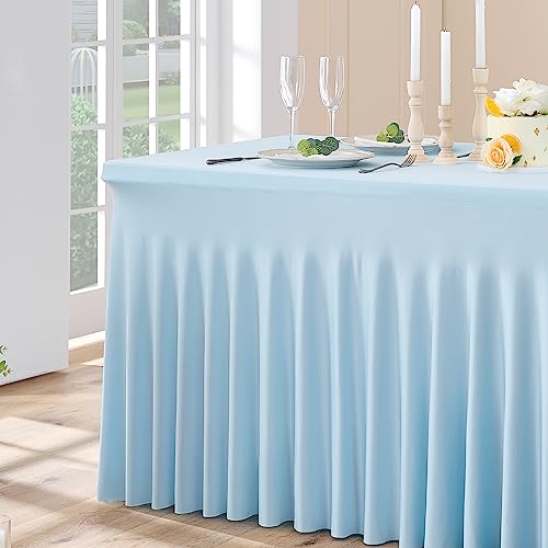 Htper Spandex Baby Blue Table Clothes for 8 Foot Rectangle Tables, Wrinkle Free Table Cloth 8ft Stretchy Tablecloths with Skirt for Parties Weddings Birthday Banquet Baby Shower, 1 Pack