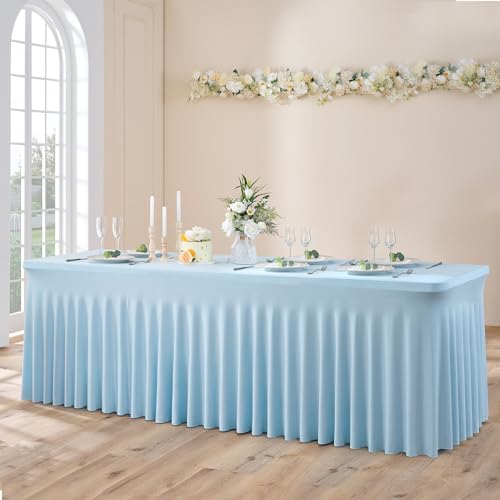 Htper Spandex Baby Blue Table Clothes for 8 Foot Rectangle Tables, Wrinkle Free Table Cloth 8ft Stretchy Tablecloths with Skirt for Parties Weddings Birthday Banquet Baby Shower, 1 Pack
