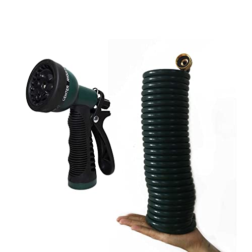 FUNJEE Heavy-Duty EVA Coil Hose Recoil Garden Water Hose with 8-Pattern Spray Nozzle, 3/4" GHT Brass Fittings, Corrosion Resistant, Retractable Garden Hose, Boat Hose (25FT, Green)