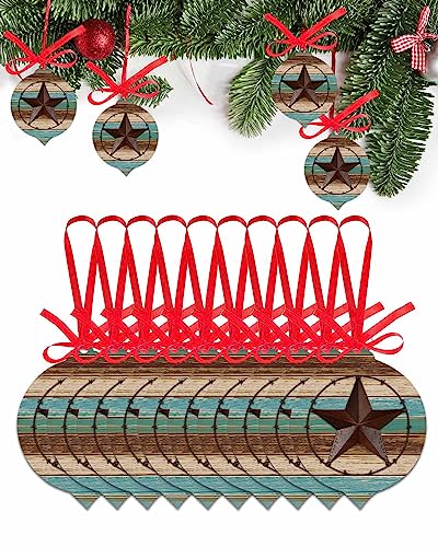 2023 Christmas Ornaments Western Metal Texas Vintage Iron Star,Xmas Tree Decorations Acrylic Hanging Accessories,Rustic Farmhouse Wood Board Christmas Pendant Ornament for Party Holiday Decor 10pcs