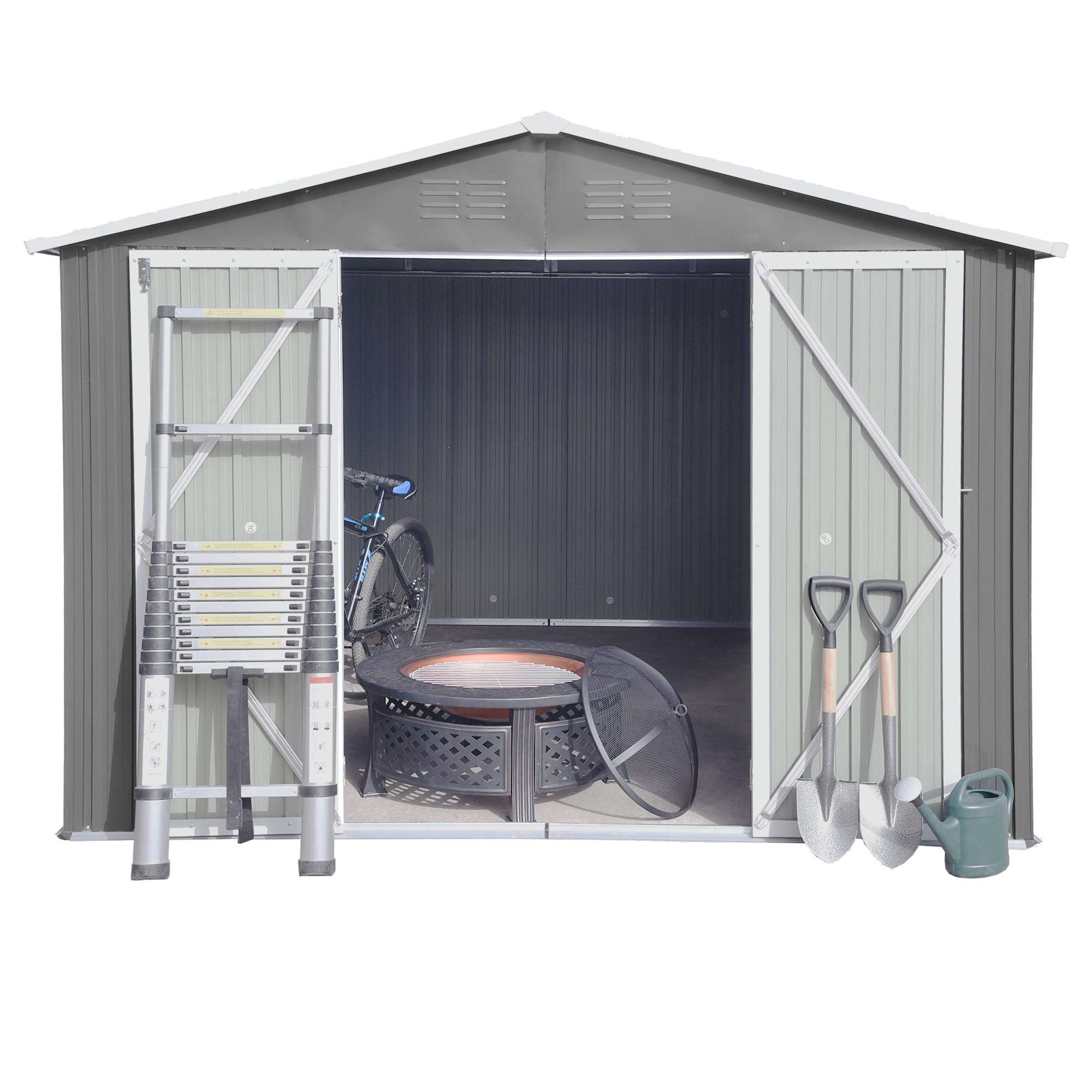GLANZEND 10x8 FT Outdoor Metal Garden Shed, Galvanized Steel Large Storage Sheds with Lockable Doors, Weatherproof Tool House with Pitched Roof & Punched Vents for Backyard Lawn, Gray + White