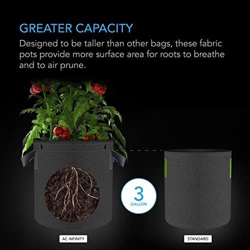 AC Infinity Heavy Duty Fabric Pots, 3 Gallon Aeration Grow Bags 5-Pack with 500G Thick Nonwoven Fabric and Multi-Purpose Rings, for Low Stress Plant Training Fruits, Vegetables, and Flowers