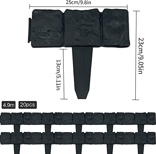 Garden Edging Border, Garden Landscape Edging Borders for Flower Bed, Black Stone Effect Plastic Lawn Edging Fencing | No Dig Landscape Edging | 20 Pcs | 16 Ft | (Black)