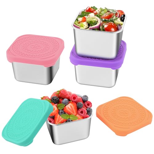 LEGELITE 4 Pack Salad Dressing Container To Go, 6oz Reusable Small Condiment Containers with Lids, Leakproof Silicone Lids Stainless Steel Sauce Containers for Lunch
