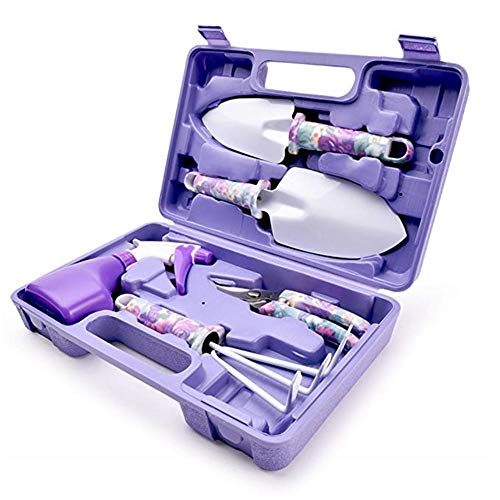 Garden Tool Set, Potable Durable Gardening Planting Tools Gift Kit with Non-Slip Rubber Grip, Including Anti-Rust Trowel, Cultivator, Pruning Shear, Water Sprayer and Case, Great Giftļ¼5 Pieceļ¼