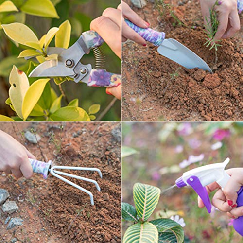 Garden Tool Set, Potable Durable Gardening Planting Tools Gift Kit with Non-Slip Rubber Grip, Including Anti-Rust Trowel, Cultivator, Pruning Shear, Water Sprayer and Case, Great Gift(5 Piece)