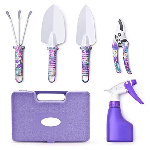 Garden Tool Set, Potable Durable Gardening Planting Tools Gift Kit with Non-Slip Rubber Grip, Including Anti-Rust Trowel, Cultivator, Pruning Shear, Water Sprayer and Case, Great Gift(5 Piece)