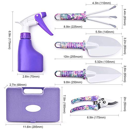 Garden Tool Set, Potable Durable Gardening Planting Tools Gift Kit with Non-Slip Rubber Grip, Including Anti-Rust Trowel, Cultivator, Pruning Shear, Water Sprayer and Case, Great Gift(5 Piece)