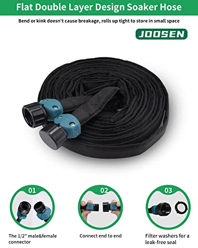 JOOSEN Soaker Hose 25ft 1/2" Flat Double Layer Consistent Drip Hose Saving 80% Water Leakproof Kink Free Vegetable Garden Hose