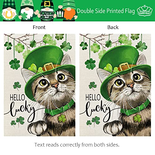 CROWNED BEAUTY St Patricks Day Cat Garden Flag 12x18 Inch Double Sided for Outside Small Hello Lucky Burlap Green Shamrocks Clovers Hat Yard Holiday Decoration