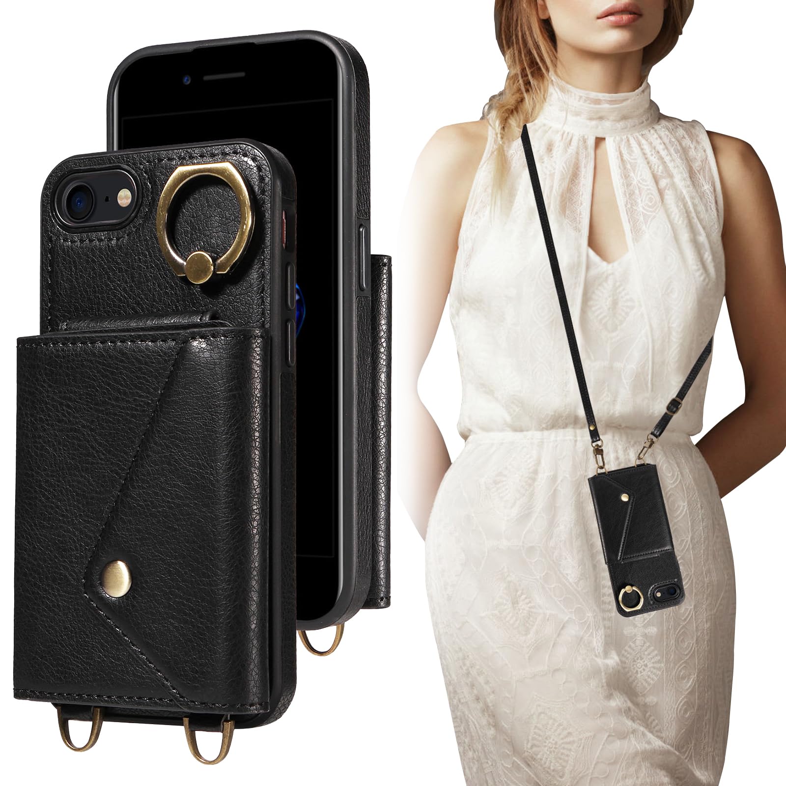 YIRRANZD Crossbody Wallet Case for iPhone SE 2020 / SE 2022/8 / 7 with Card Holder, Leather Case with Long Shoulder Strap, Purse Shockproof Flip Cover for iPhone SE 2020 / SE 2022/8 / 7 (Black)