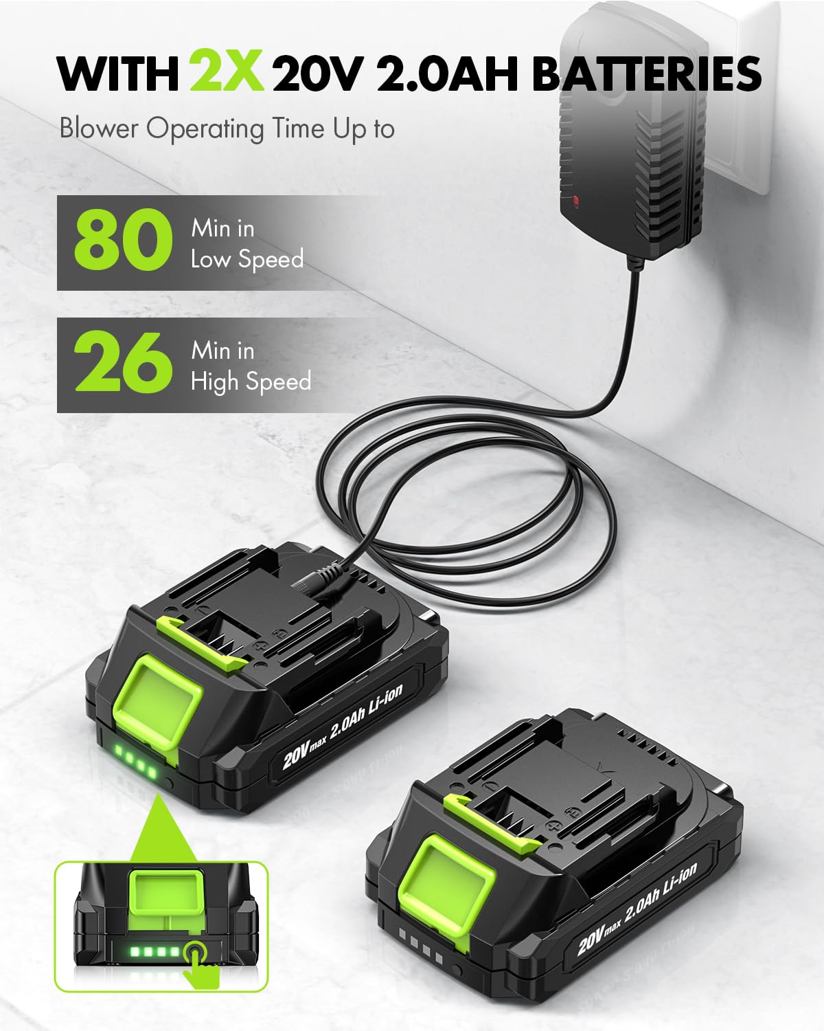 Leaf Blower Cordless with Battery and Charger - Anykit Electric Leaf Blowers Battery Operated, Lightweight 20V 2 Speed Modes Handheld Blower for Lawn Care Green