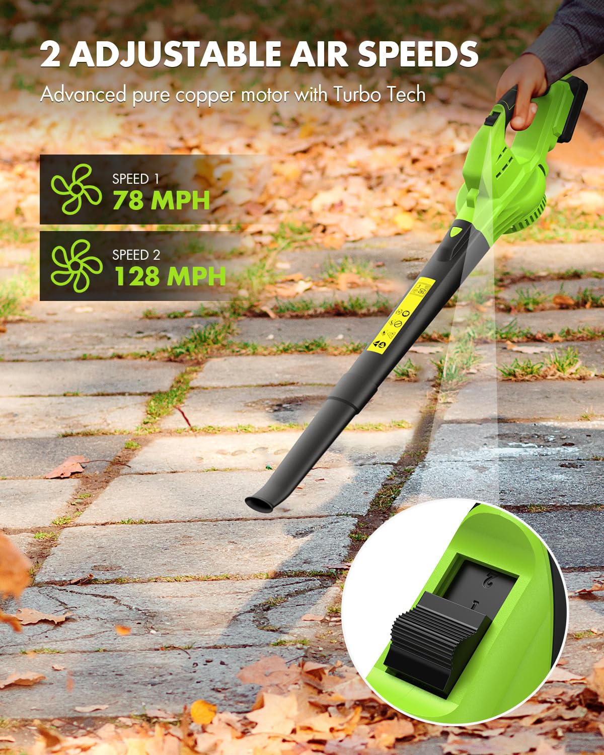 Leaf Blower Cordless with Battery and Charger - Anykit Electric Leaf Blowers Battery Operated, Lightweight 20V 2 Speed Modes Handheld Blower for Lawn Care Green