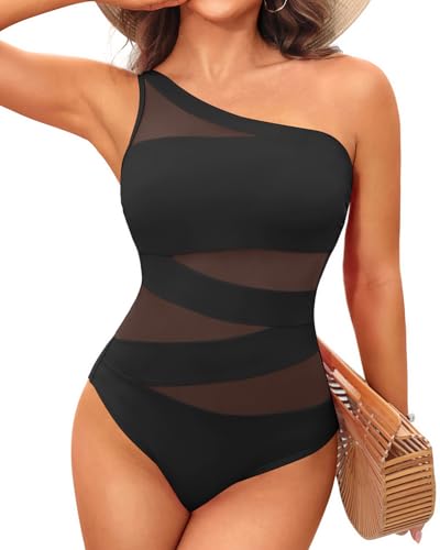 Tempt Me Black Women One Piece Swimsuit One Shoulder Bathing Suits Cutout Mesh Swimwear XL