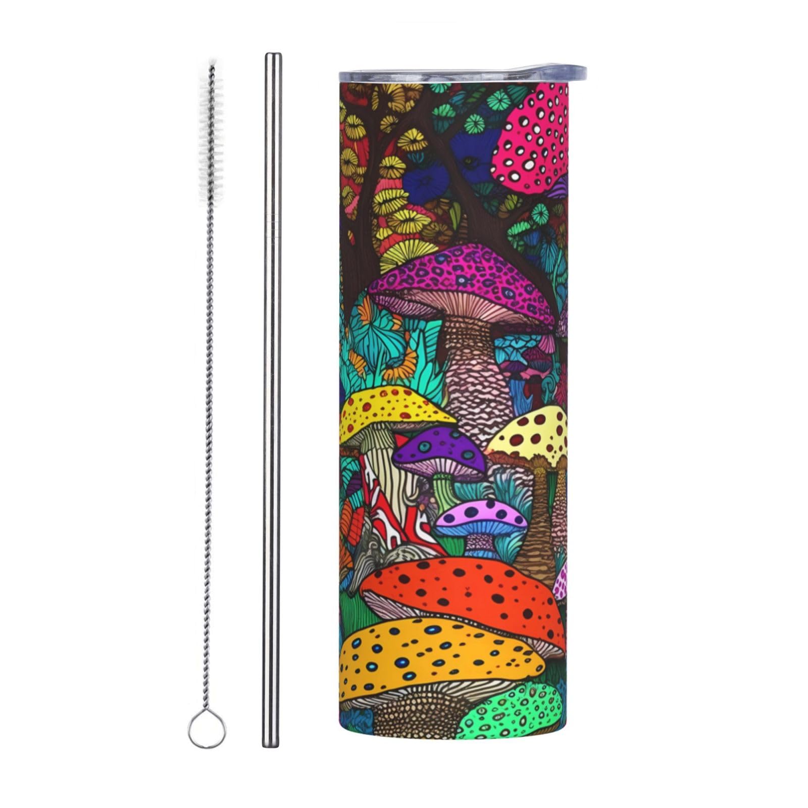 Mount Hour Cartoon Mushroom Stainless Steel Insulated Tumbler 20 OZ, Colorful Forest Coffee Mug Cup with Splash-Proof Lid and Straw for Car Home Office Outdoor Travel