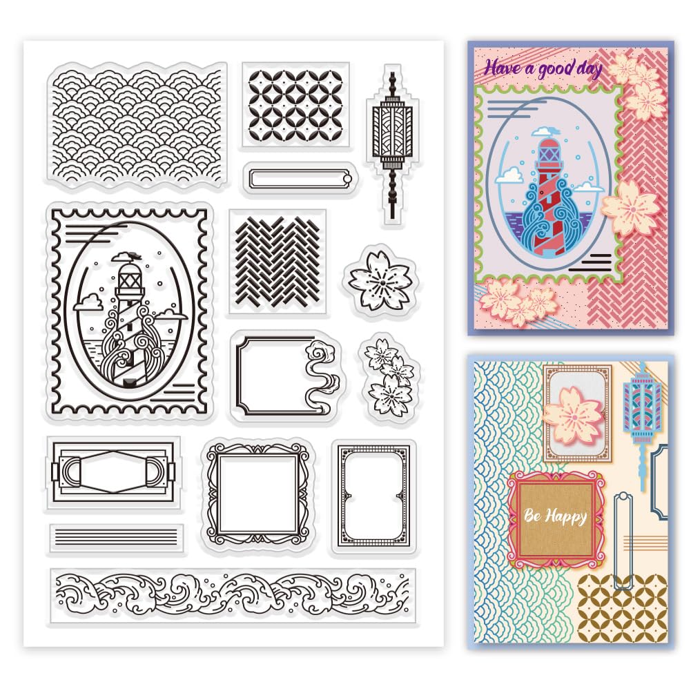 PH PandaHall Clear Stamps, Japanese Textures Rubber Stamps PVC Plastic Silicone Stamps Transparent Seal Stamps for DIY Scrapbooking, Photo Album Decorative, Cards Making, 6.2x4.3inch
