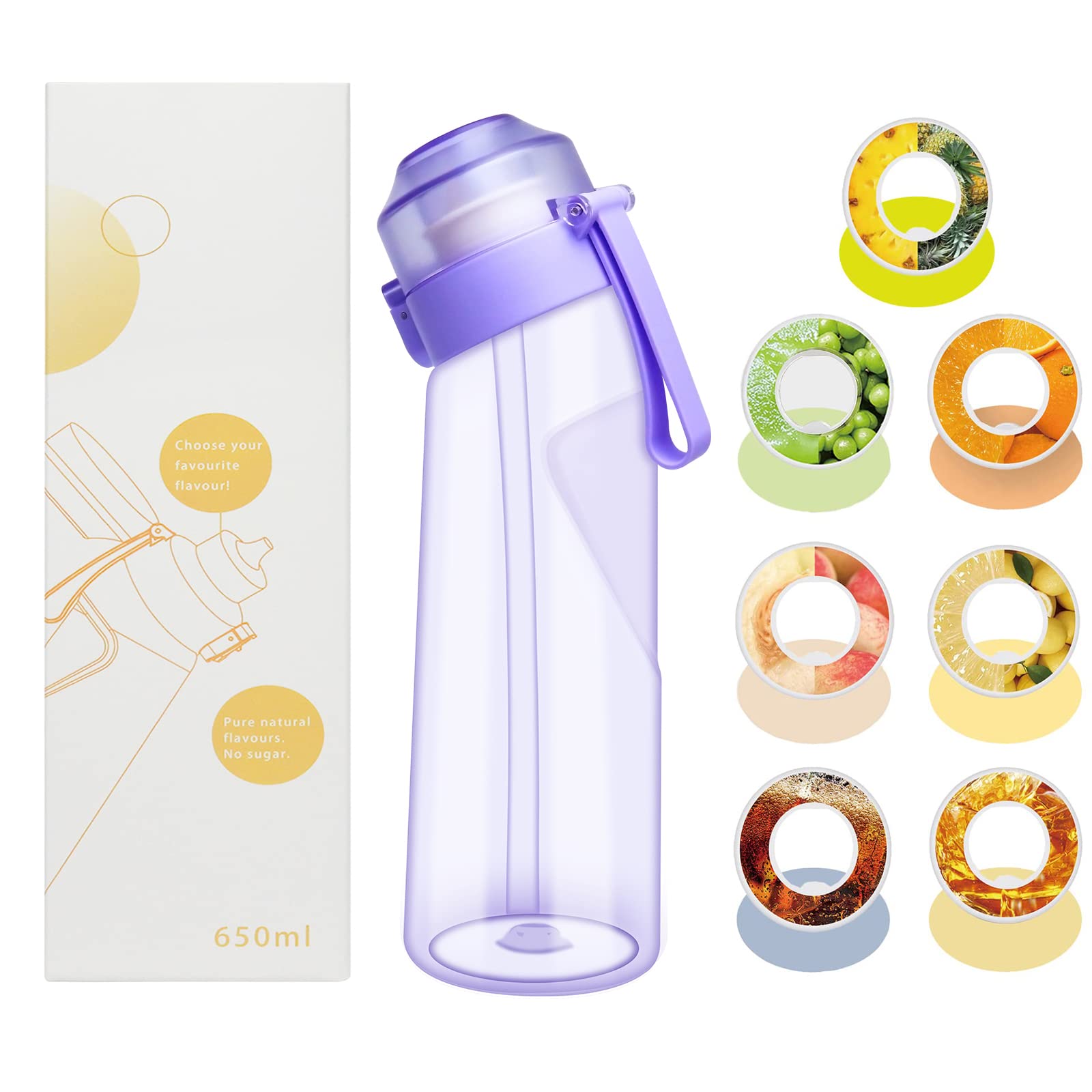 CAFELE Water Bottle with Flavor Pods,Fruit Fragrance Water Bottle,Scent Water Cup,Sports Water Cup Suitable for Outdoor Sports(Purple+7Pods)