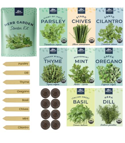 Herb Garden Starter Kit (8 pc) – Organic, Non GMO, high Germination Rate, resealable Secure Pouch - incl Bamboo Labels and Soil Starters
