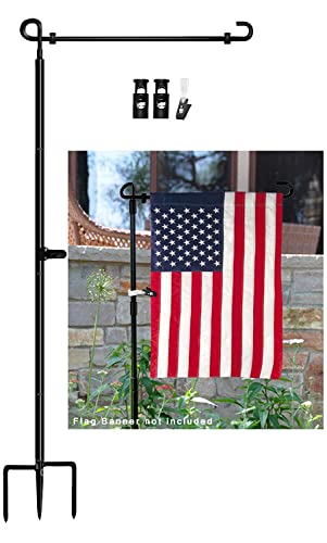 Upgraded Garden Flag Stand Banner Flagpole with 3 Prong Base, Black Wrought Iron Yard Garden Flag Pole - Holds Flags up to 12.5" in Width for Outdoor Garden Lawn