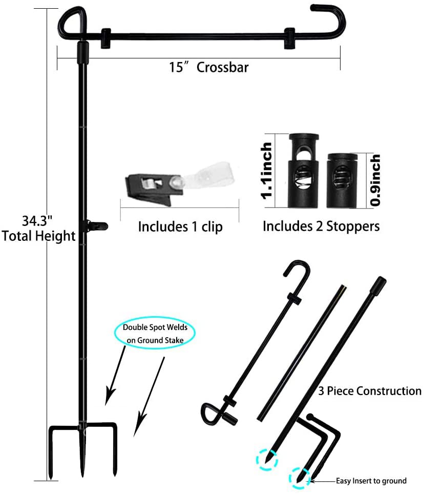 Upgraded Garden Flag Stand Banner Flagpole with 3 Prong Base, Black Wrought Iron Yard Garden Flag Pole - Holds Flags up to 12.5" in Width for Outdoor Garden Lawn
