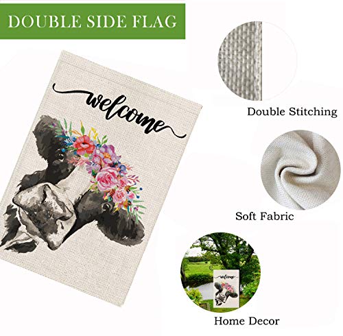 Spring Garden Flag Welcome Floral Crown Cow Garden Burlap Flag 12.5 x 18 Inch Vertical Double Sided Spring Summer Flags Outdoor Decorations Farmhouse Yard Home Decor