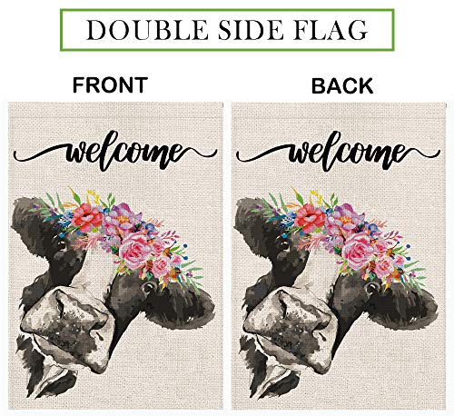 Spring Garden Flag Welcome Floral Crown Cow Garden Burlap Flag 12.5 x 18 Inch Vertical Double Sided Spring Summer Flags Outdoor Decorations Farmhouse Yard Home Decor