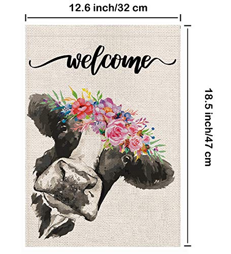 Spring Garden Flag Welcome Floral Crown Cow Garden Burlap Flag 12.5 x 18 Inch Vertical Double Sided Spring Summer Flags Outdoor Decorations Farmhouse Yard Home Decor