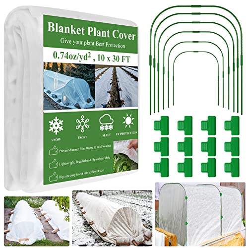 WYRJXYB Plant Covers Freeze Protection kit,10 x 30 Ft Frost Cloth & 6PCs Garden Hoops & 12 Clips, Frost Blanket, Greenhouse Hoops, Floating Row Cover kit for Plants Vegetables Winter Frost Protection