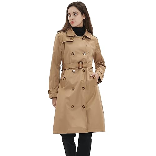 Kugnala Womens Trench Coat Double-Breasted Long windbreak Belted Slim Outerwear Coat with Detachable Hood Black Brown M