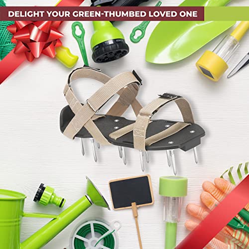 PLANTNOMICS Lawn Aerator Shoes with Hook-and-Loop Straps, User Manual, Wrench β Pre-Assembled, Fully Adjustable, One-Size-Fits-All β Lawn and Garden Tool Reduces Thatch, Revives Soil Health, Camel