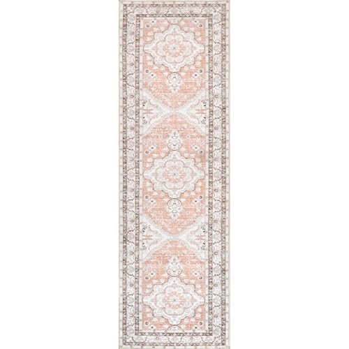 nuLOOM Tracie Machine Washable Floral Medallion Ultra Thin Runner Rug, 2' 6" x 12', Peach