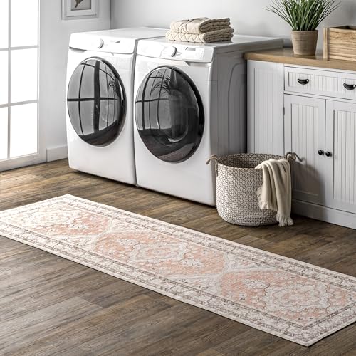 nuLOOM Tracie Machine Washable Floral Medallion Ultra Thin Runner Rug, 2' 6" x 12', Peach