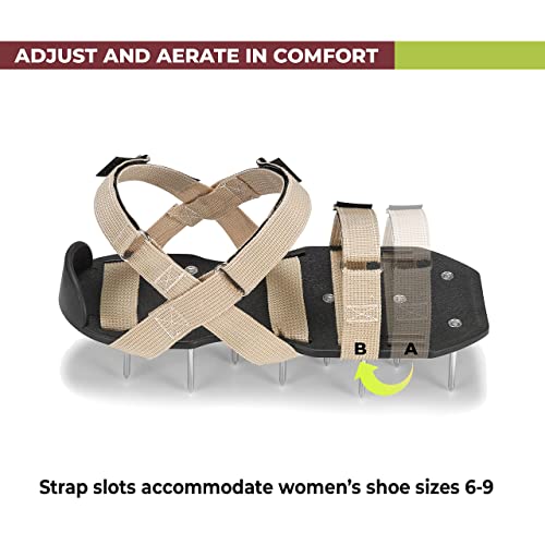 PLANTNOMICS Lawn Aerator Shoes with Hook-and-Loop Straps, User Manual, Wrench β Pre-Assembled, Fully Adjustable, One-Size-Fits-All β Lawn and Garden Tool Reduces Thatch, Revives Soil Health, Camel