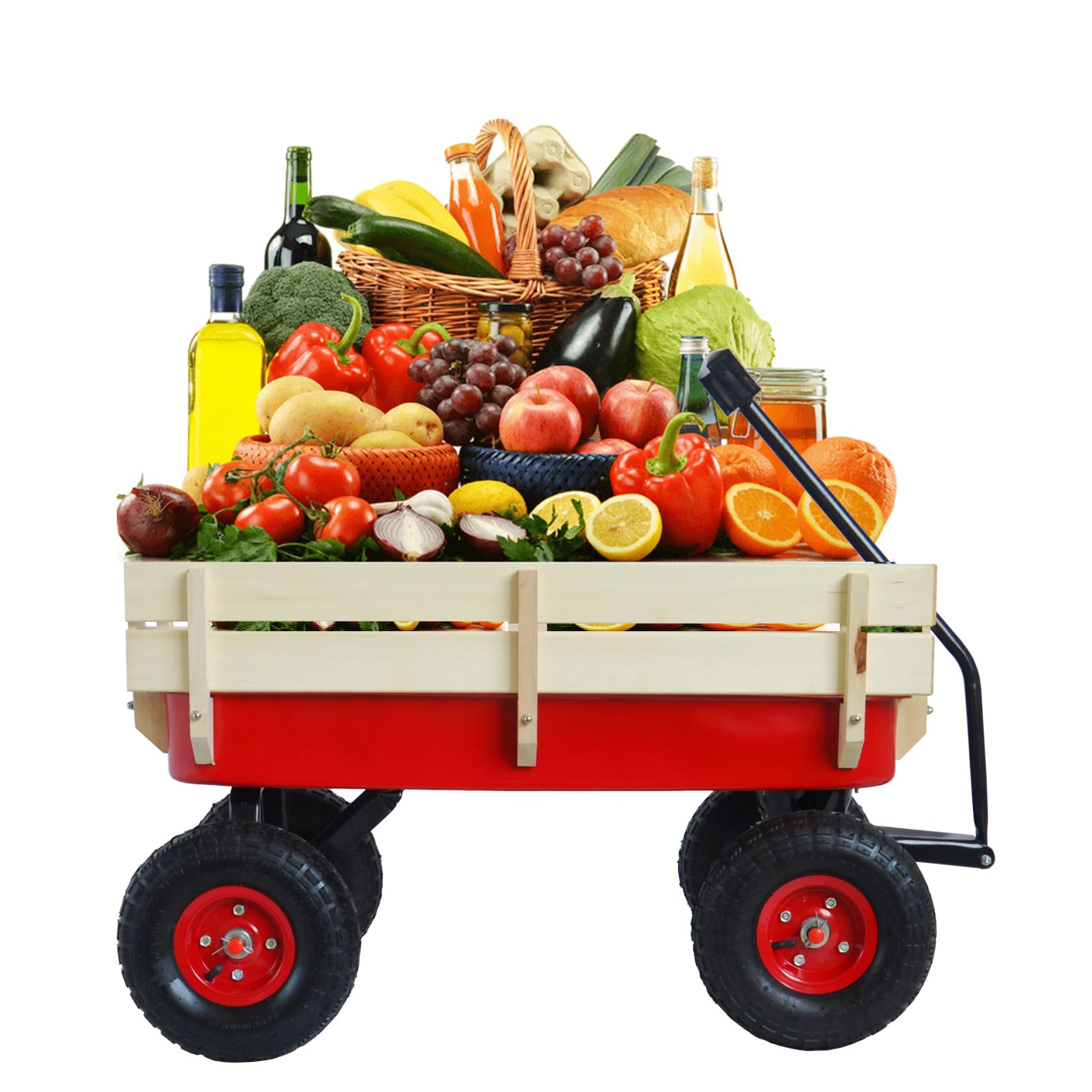 TRIPLE TREE Collapsible Folding Wagon, Push Pull Foldable Beach Wagon Cart with All-Terrain Wheels, Heavy Duty Utility Grocery Wagon for Outdoor Camping Garden Sport Shopping,Red+White