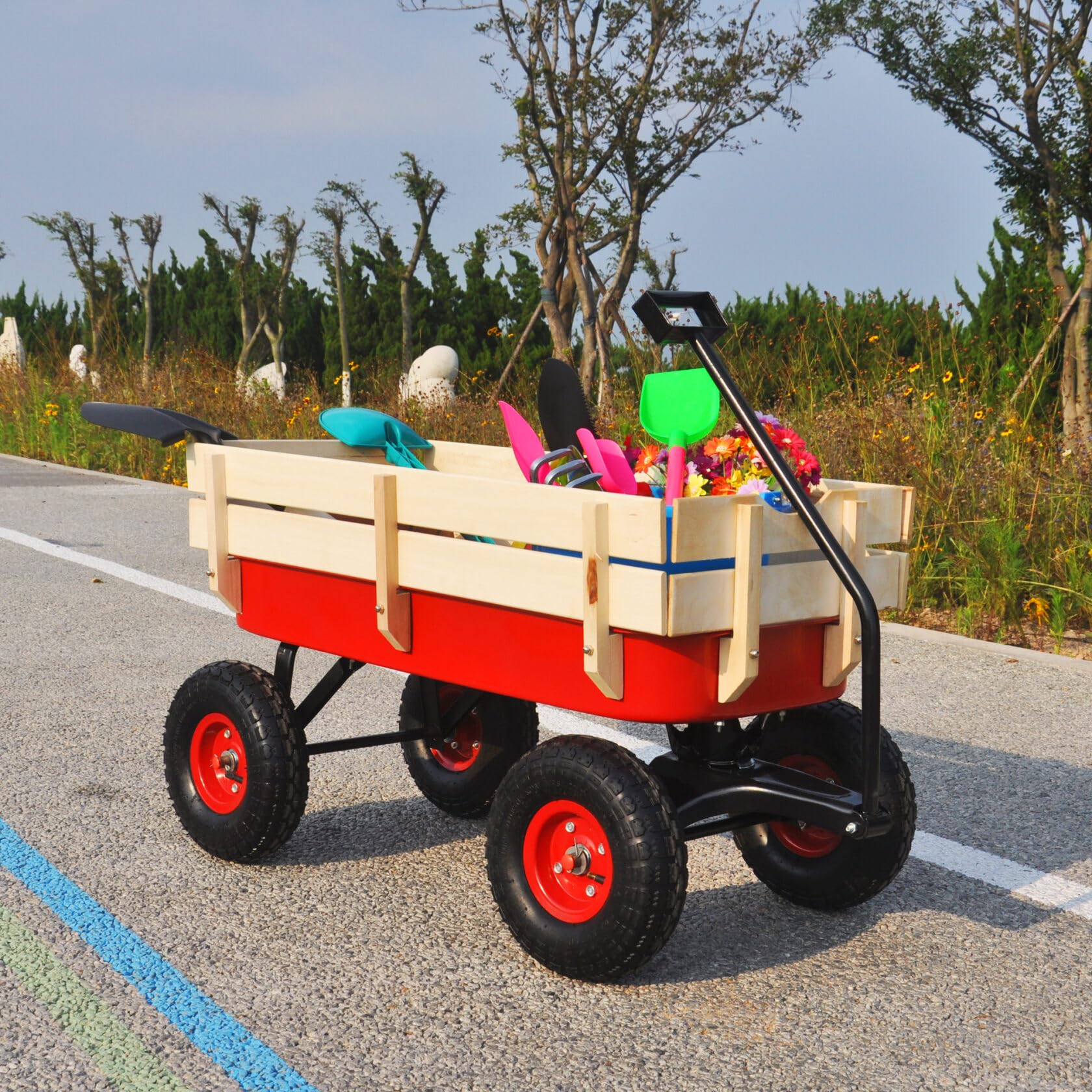 TRIPLE TREE Collapsible Folding Wagon, Push Pull Foldable Beach Wagon Cart with All-Terrain Wheels, Heavy Duty Utility Grocery Wagon for Outdoor Camping Garden Sport Shopping,Red+White