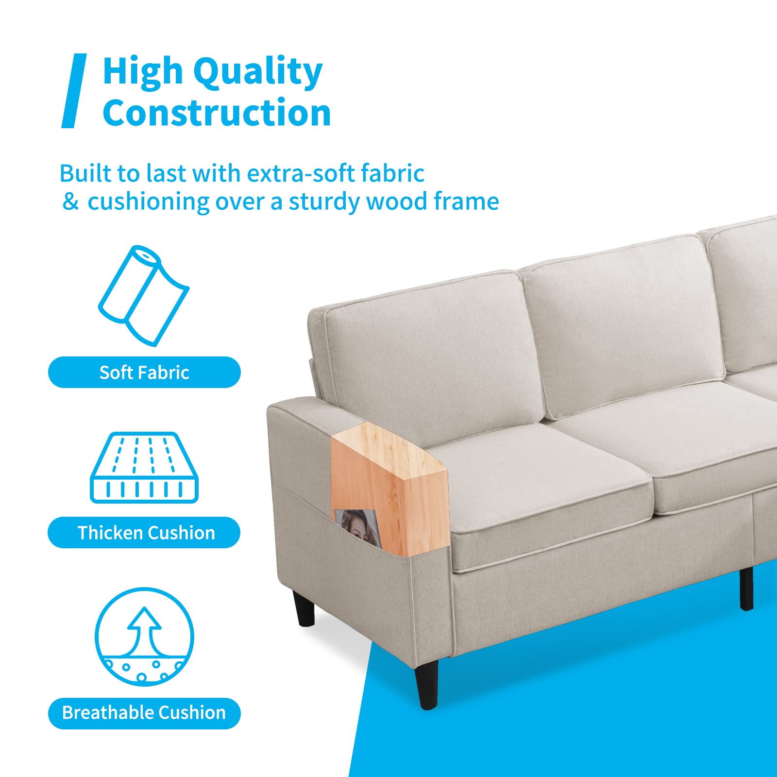 Mjkone 78“ Sectional Sofa Couch for Living Room | Convertible Linen Sofa Chaise with Reversible Storage Ottoman | Modern Modular Sofa with 2 Side Pockets | Small Sofa for Small Places | Office (Beige)