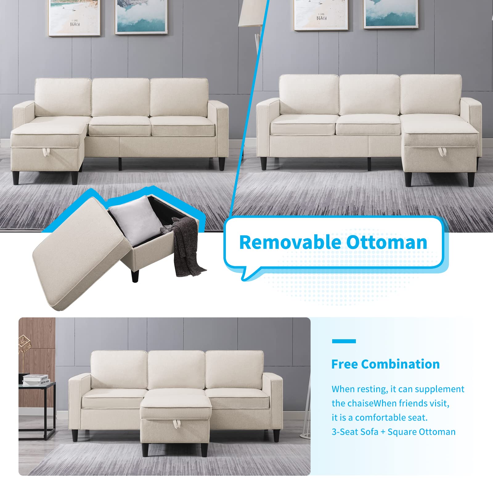 Mjkone 78“ Sectional Sofa Couch for Living Room | Convertible Linen Sofa Chaise with Reversible Storage Ottoman | Modern Modular Sofa with 2 Side Pockets | Small Sofa for Small Places | Office (Beige)