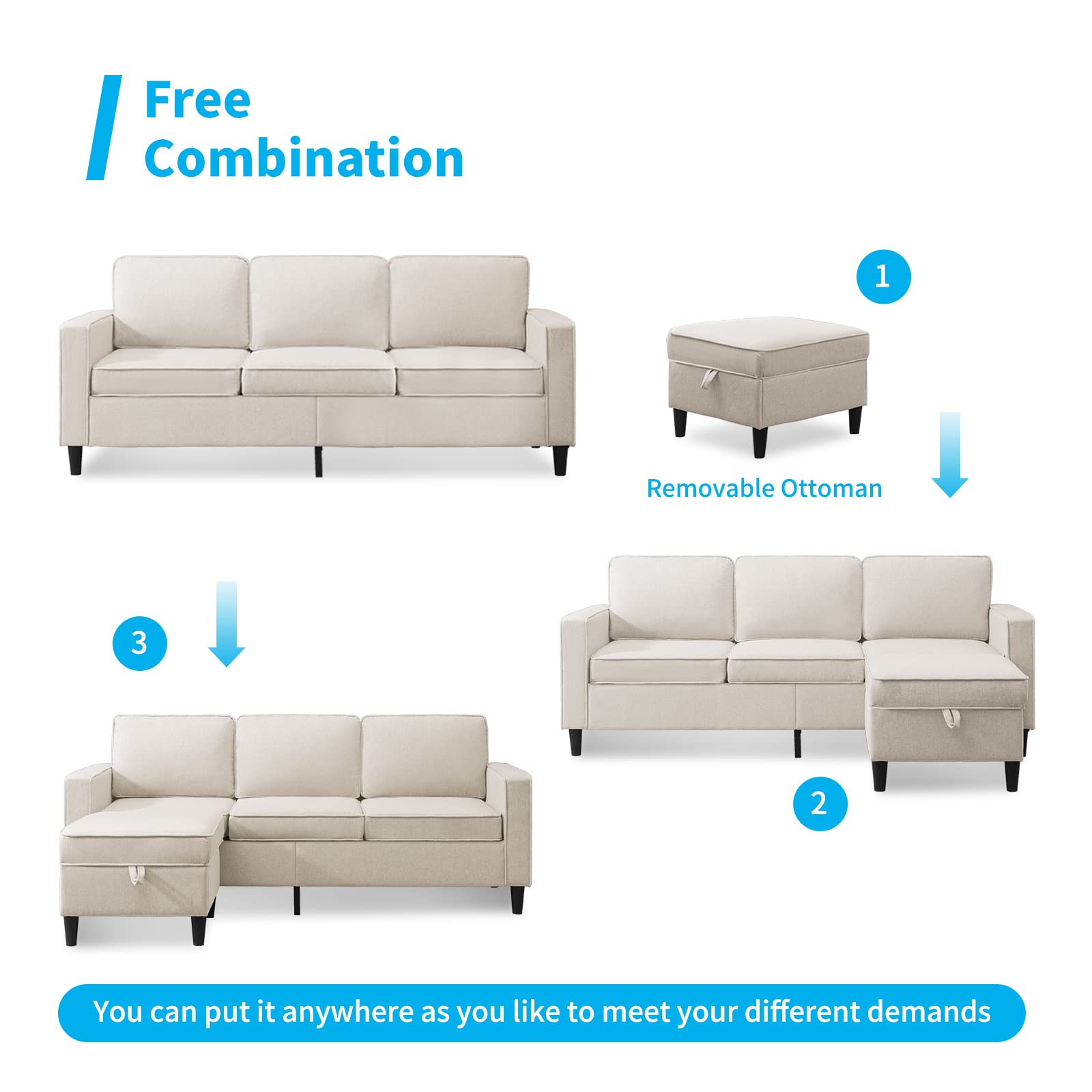 Mjkone 78“ Sectional Sofa Couch for Living Room | Convertible Linen Sofa Chaise with Reversible Storage Ottoman | Modern Modular Sofa with 2 Side Pockets | Small Sofa for Small Places | Office (Beige)