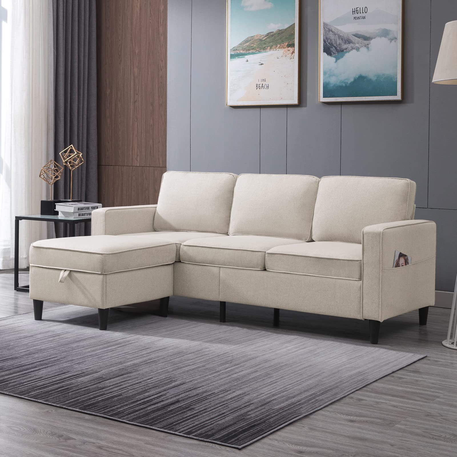 Mjkone 78“ Sectional Sofa Couch for Living Room | Convertible Linen Sofa Chaise with Reversible Storage Ottoman | Modern Modular Sofa with 2 Side Pockets | Small Sofa for Small Places | Office (Beige)